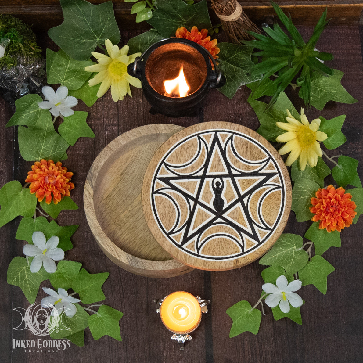 Pentacle Goddess Round Wooden Box for Protection – Inked Goddess Creations