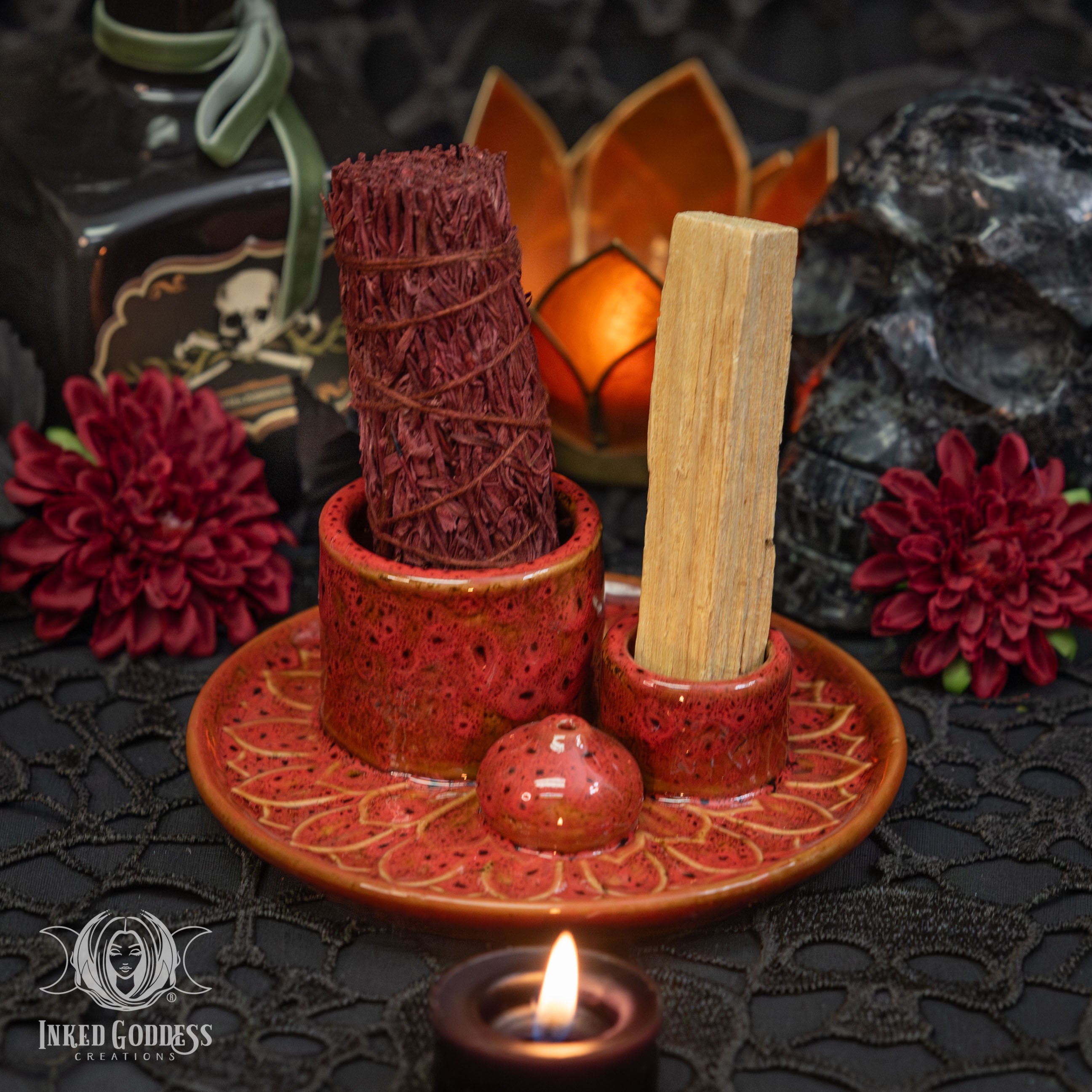 Red Flower Ceramic Altar Set for Fire Magick – Inked Goddess Creations